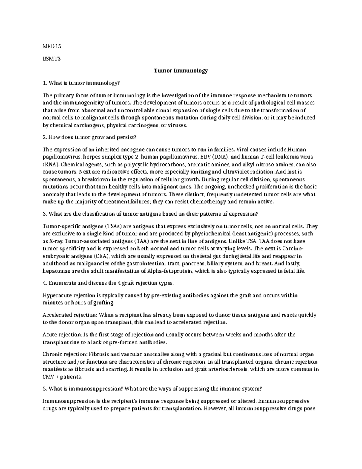 Tumor Immunology MED15 - MED BSMT Tumor Immunology What is tumor ...