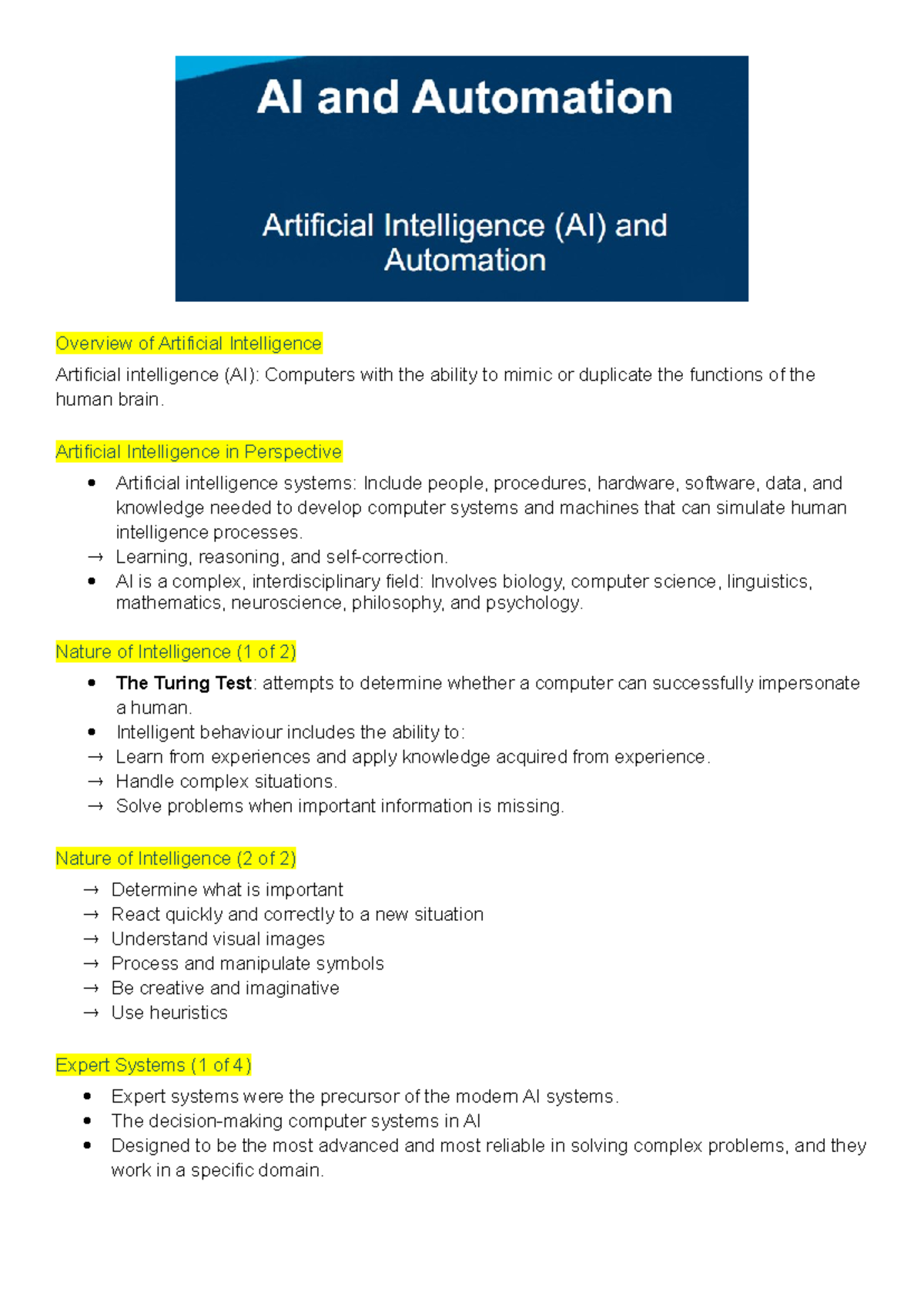 AI and automation - Summary Information Technology in Business ...