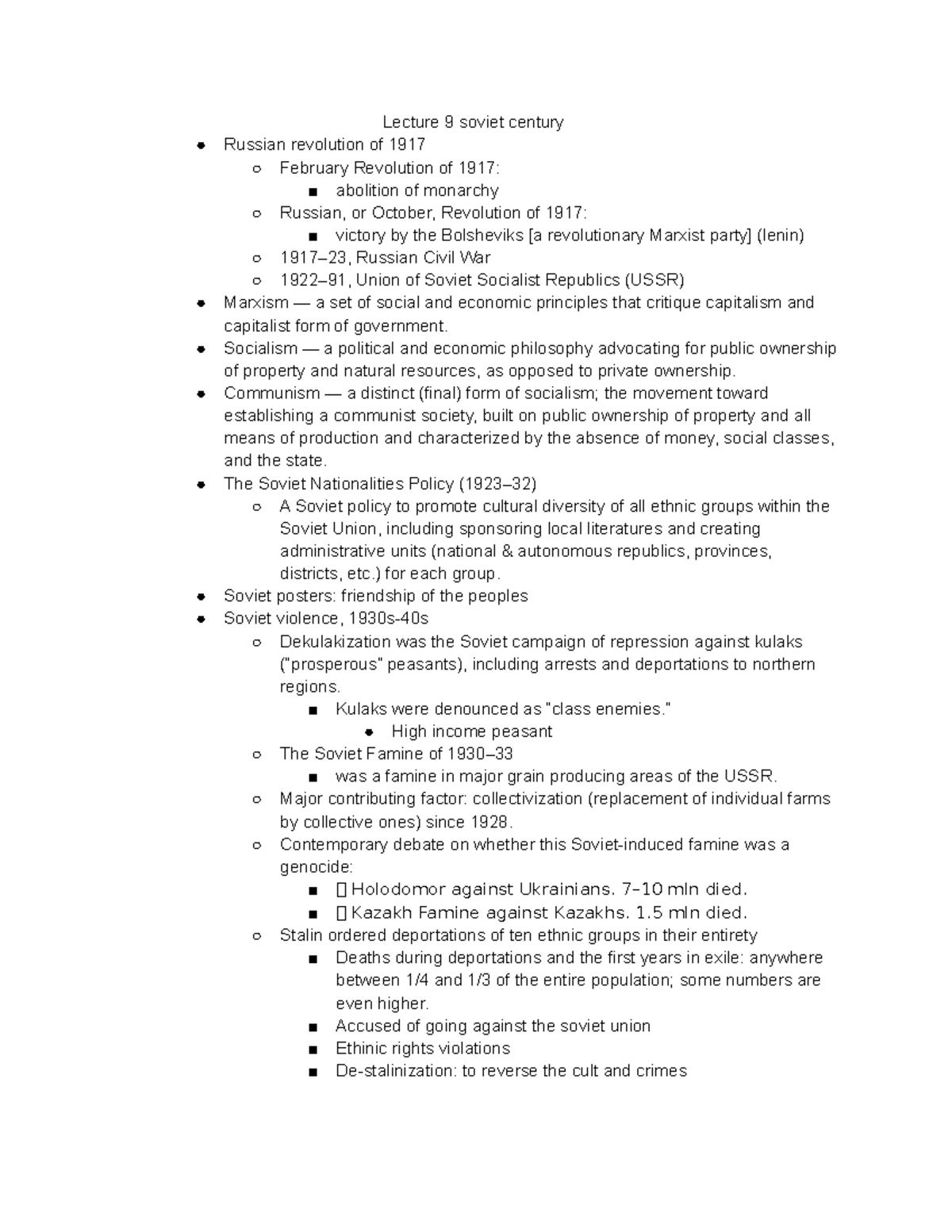 Global 1 notes Lecture 9 - Lecture 9 soviet century Russian revolution ...