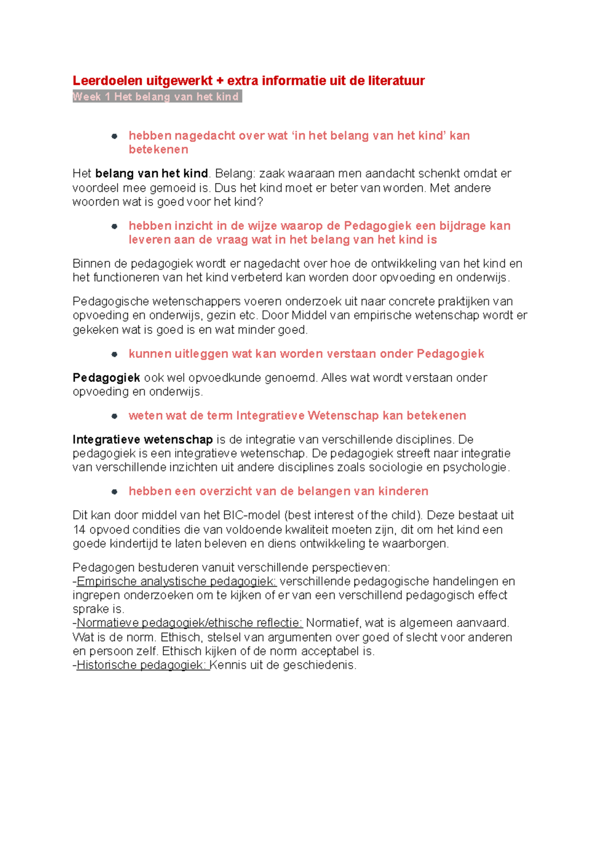 Leerdoelen pedagogiek - Leerdoelen uitgewerkt + extra informatie uit de ...