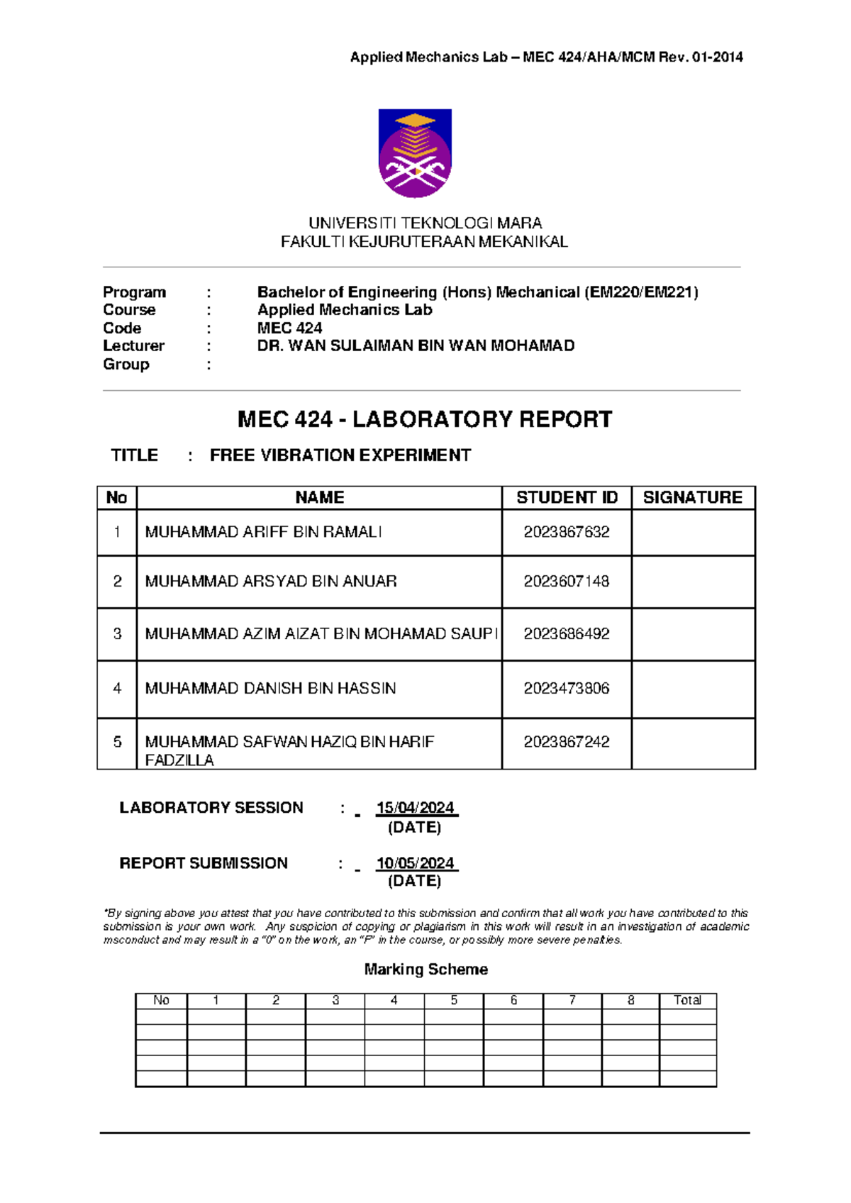 Final LAB Report 1 (FREE Vibration Experiment - Applied Mechanics Lab – MEC 424/AHA/MCM Rev. 01 ...