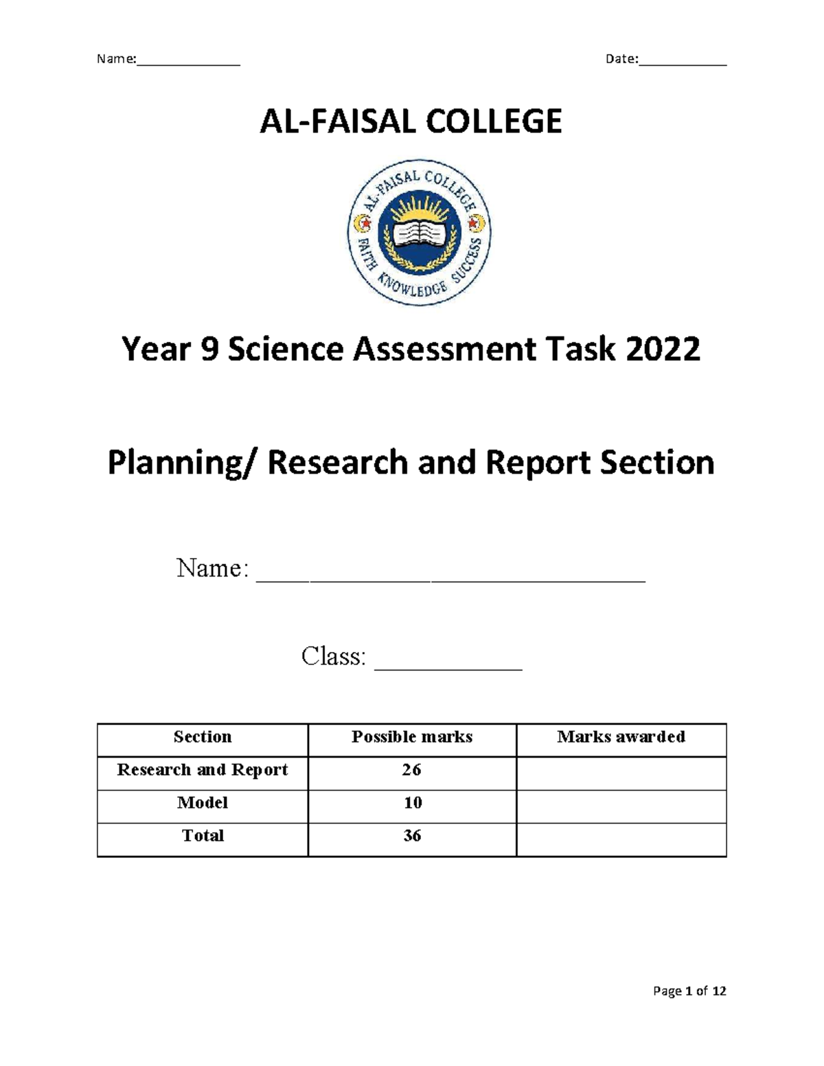 Year 9 assessment - AL-FAISAL COLLEGE Year 9 Science Assessment Task ...