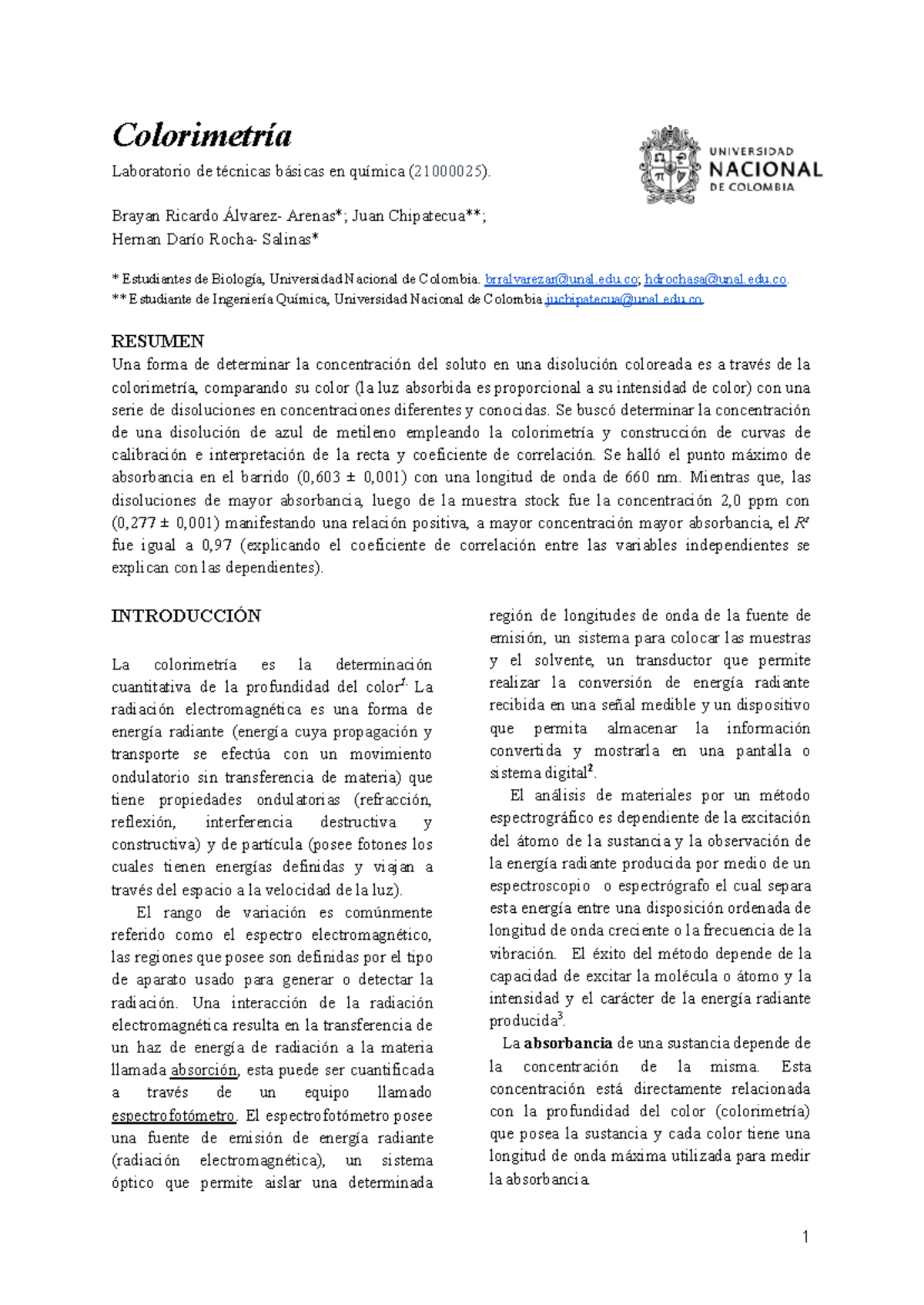 3er informe Lab Q - Colorimetría - Colorimetría Laboratorio de técnicas ...
