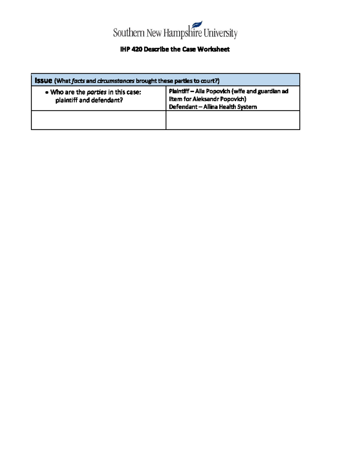 IHP 420 16219 M01 Worksheet 2 - Southern New Hampshire University IHP ...