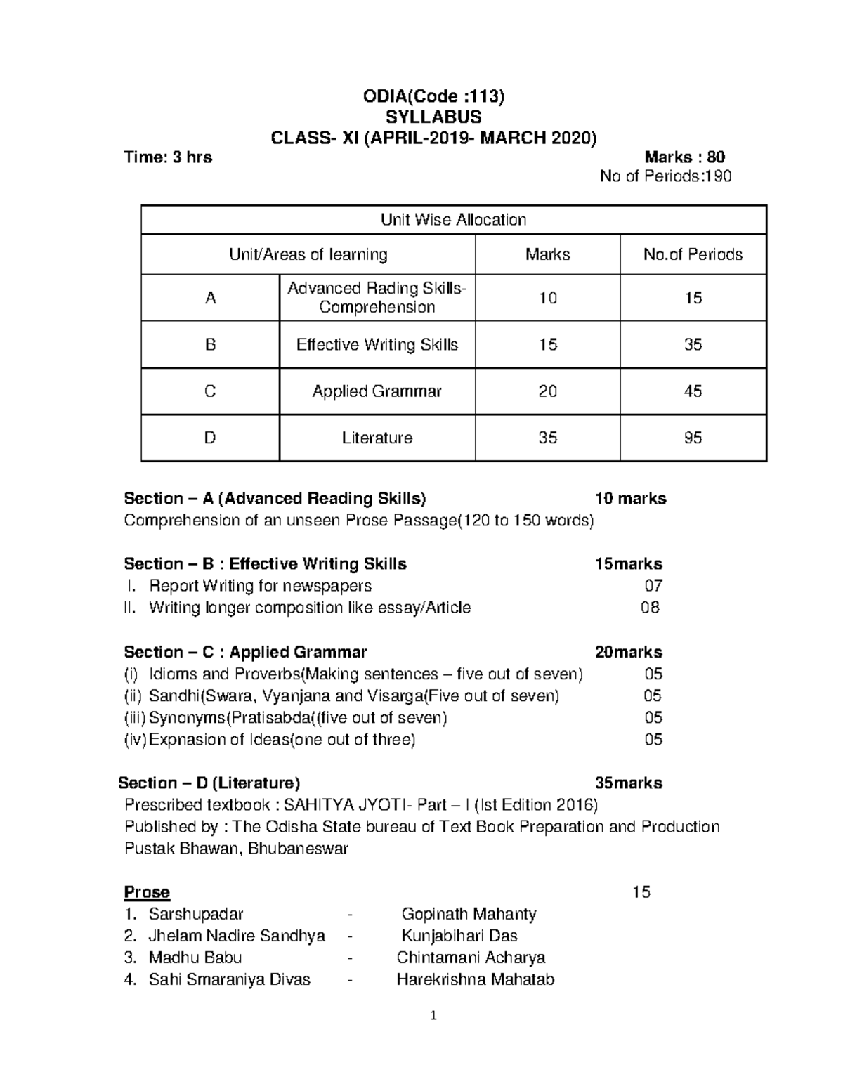 Odia Odia Odiacode 113 Syllabus Class Xi April 2019 March 2020 Time 3 Hrs Marks 80