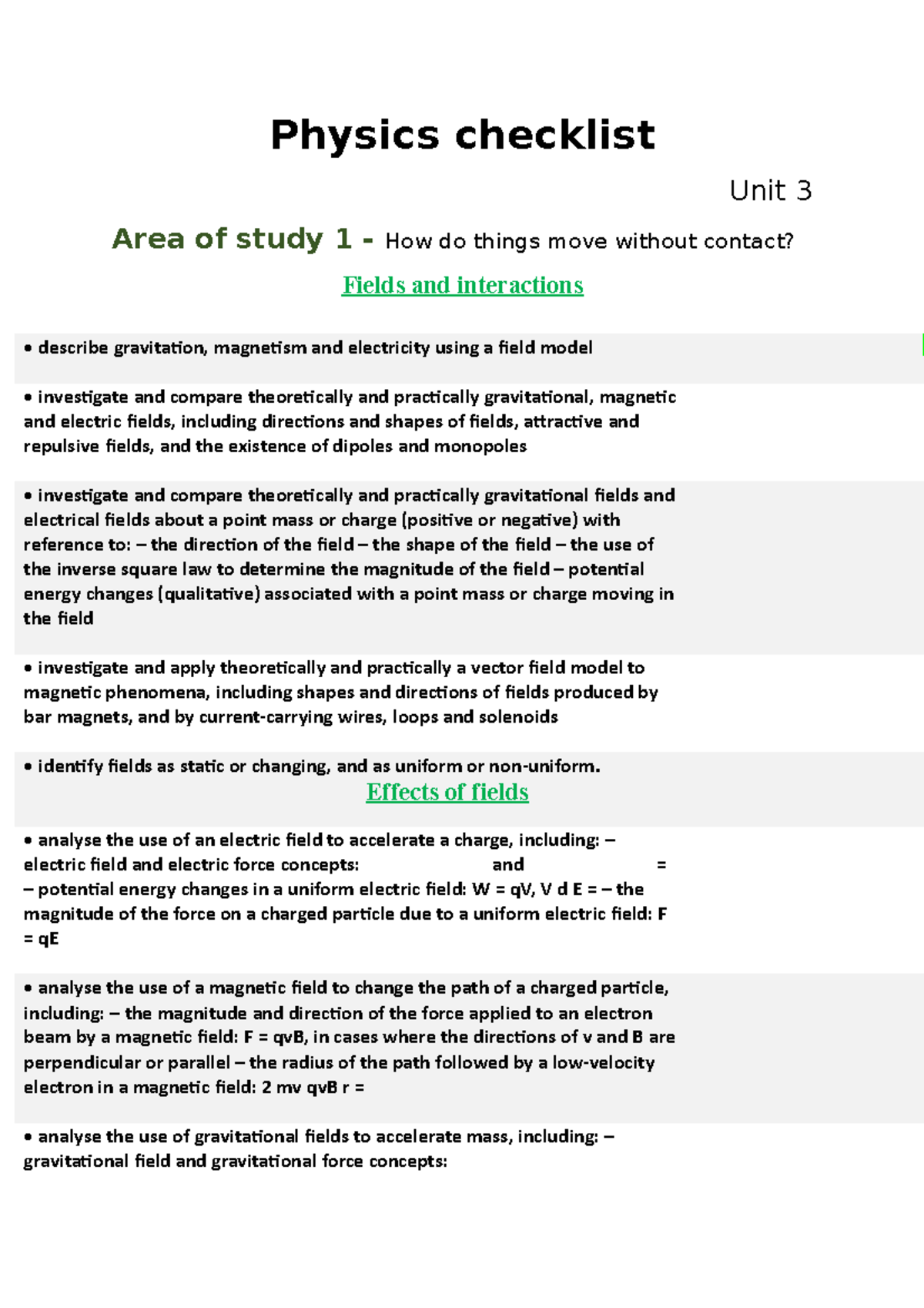 Physics checklist Unit 3 and 4 - Physics checklist Unit 3 Area of study ...