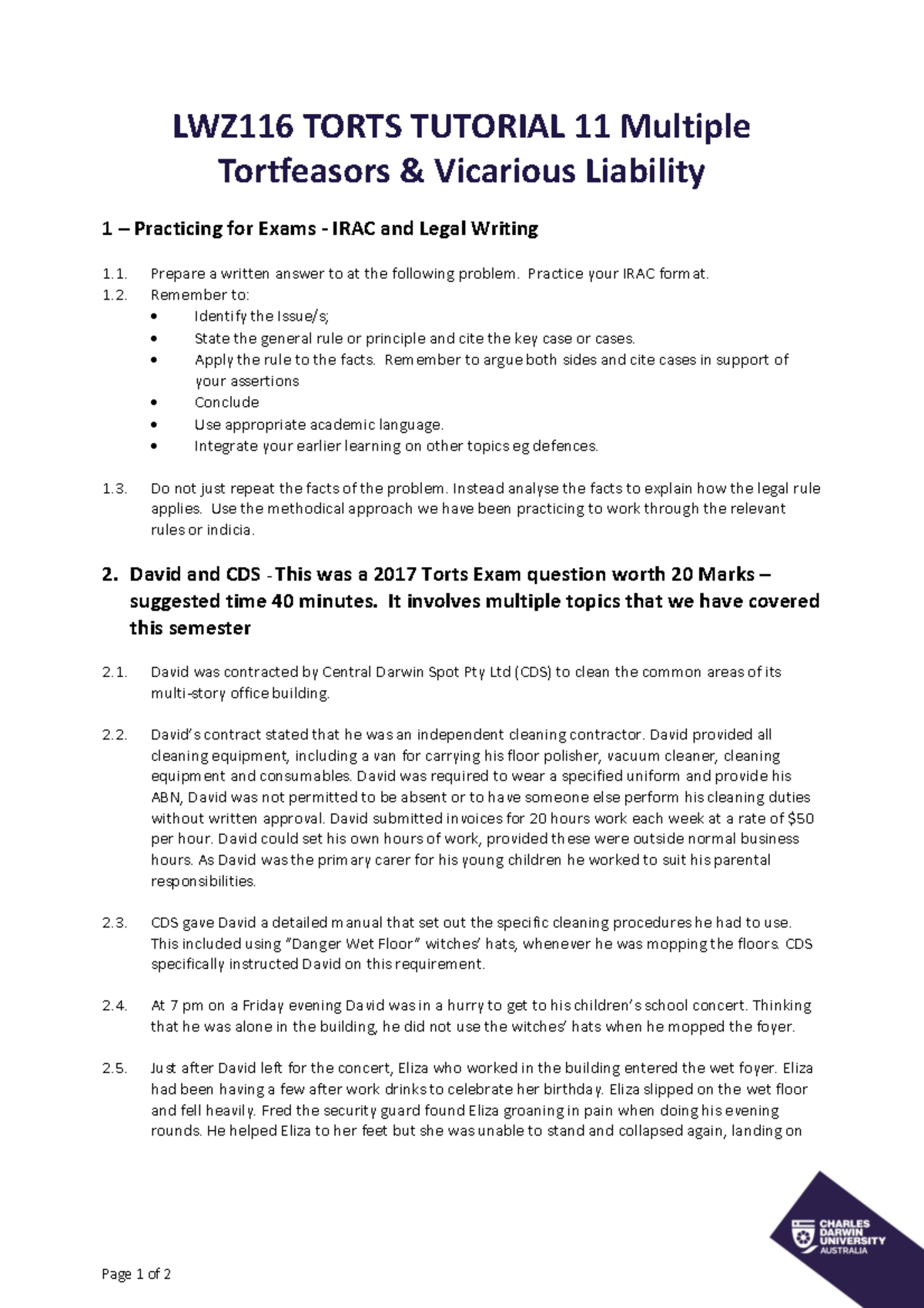 Tutorial 11 Multiple Tortfeasors Problem - Page 1 of 2 LWZ116 TORTS ...