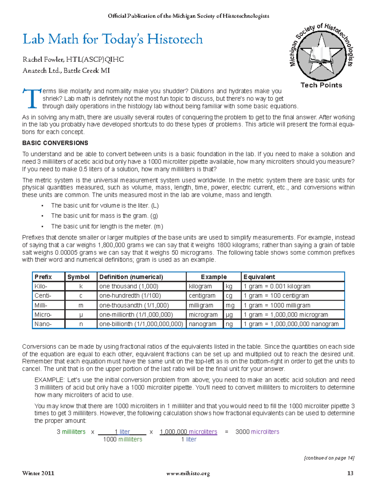 Lab math for histotechs-1 - mihisto 13 Official Publication of the ...