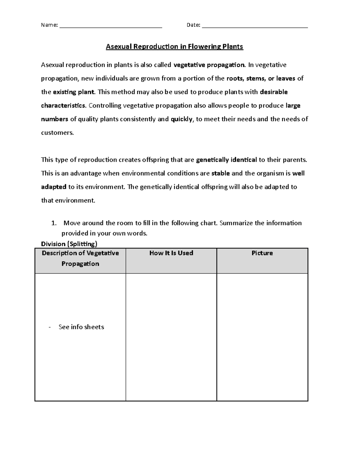 Day 5 SBI3U 14.1 Asexual Reproduction in Flowering Plants Handout ...