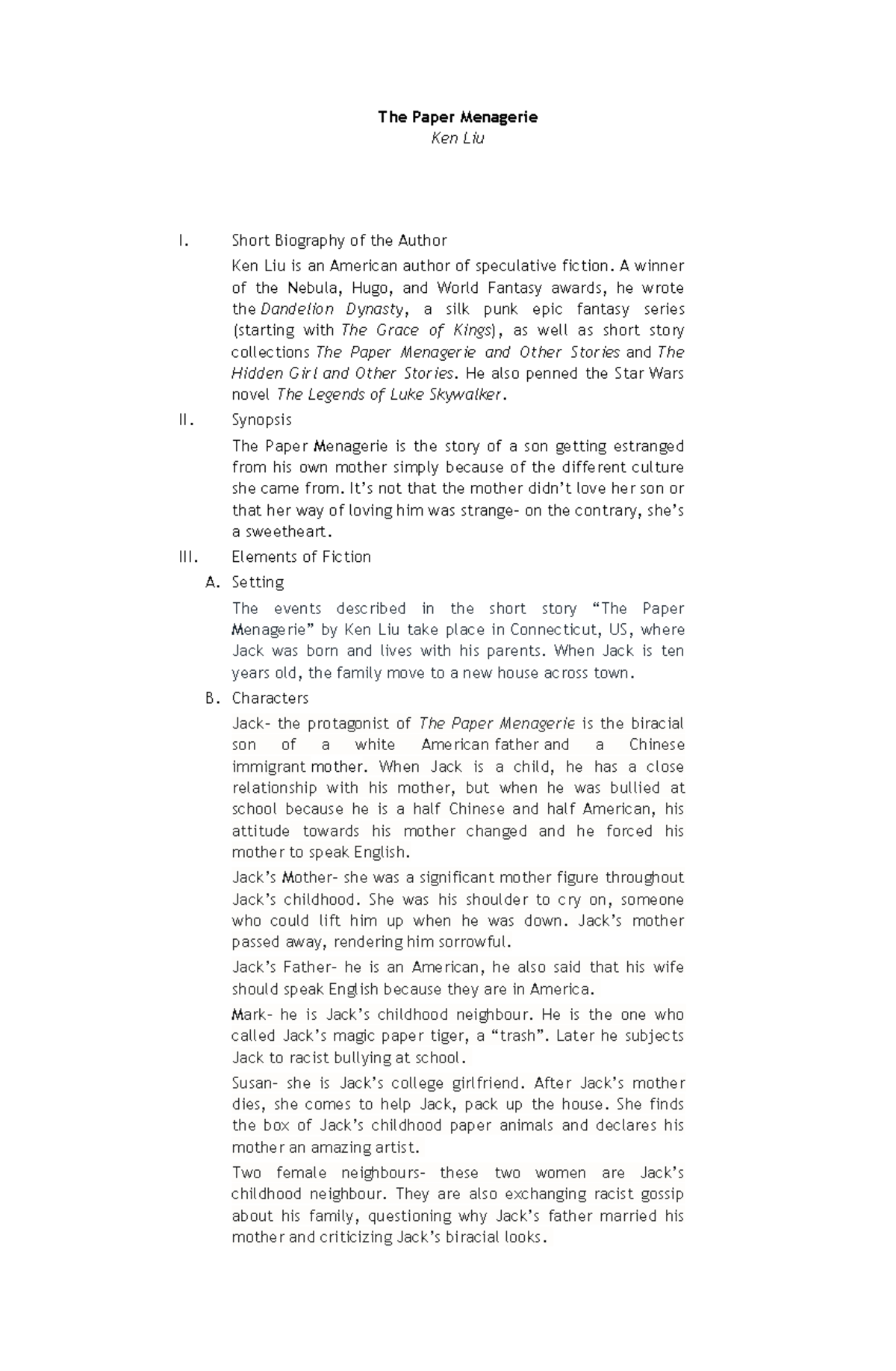 LIterary Analysis SEEL 112 - The Paper Menagerie Ken Liu I. Short ...