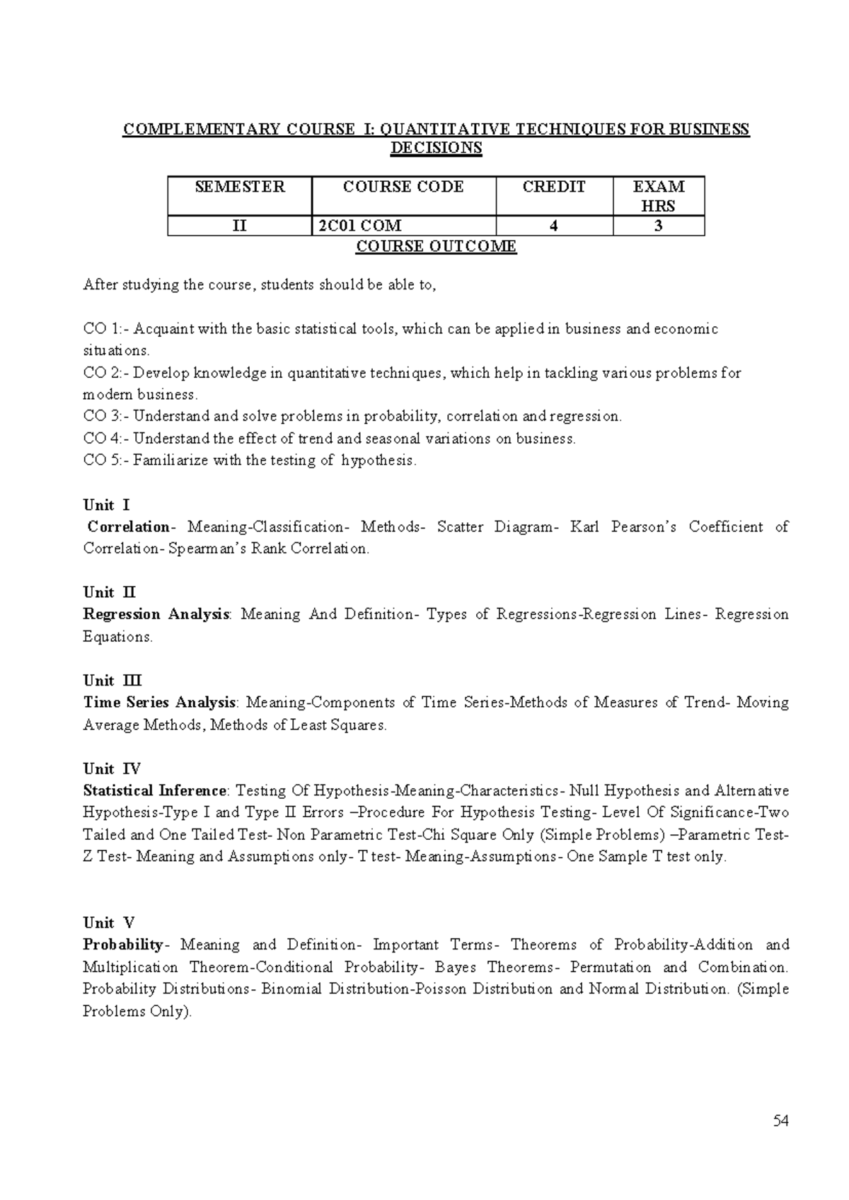 Quantitative Techniques - 54 COMPLEMENTARY COURSE I: QUANTITATIVE TECHNIQUES FOR BUSINESS ...