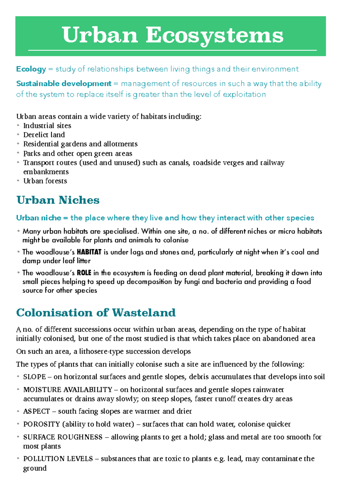 Revision Notes 12 - Urban Ecosytems - Ecology = study of relationships ...