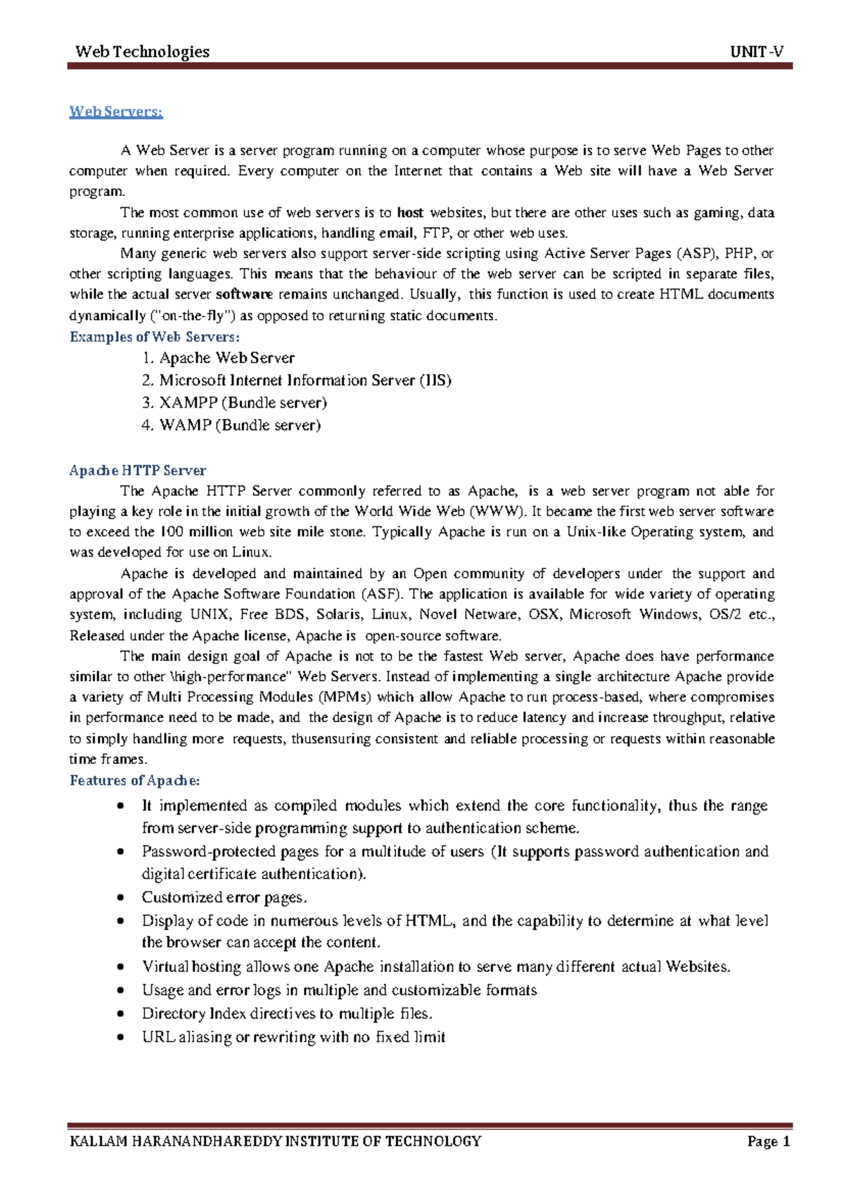 WT R19 - Unit-V - web technologies - Web Servers: A Web Server is a server program running on a ...