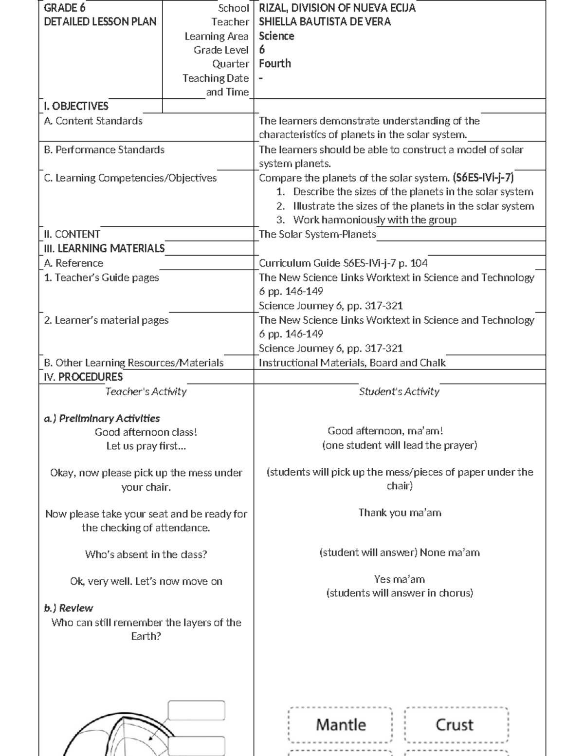 Science-6- Planets - GRADE 6 DETAILED LESSON PLAN School Teacher ...