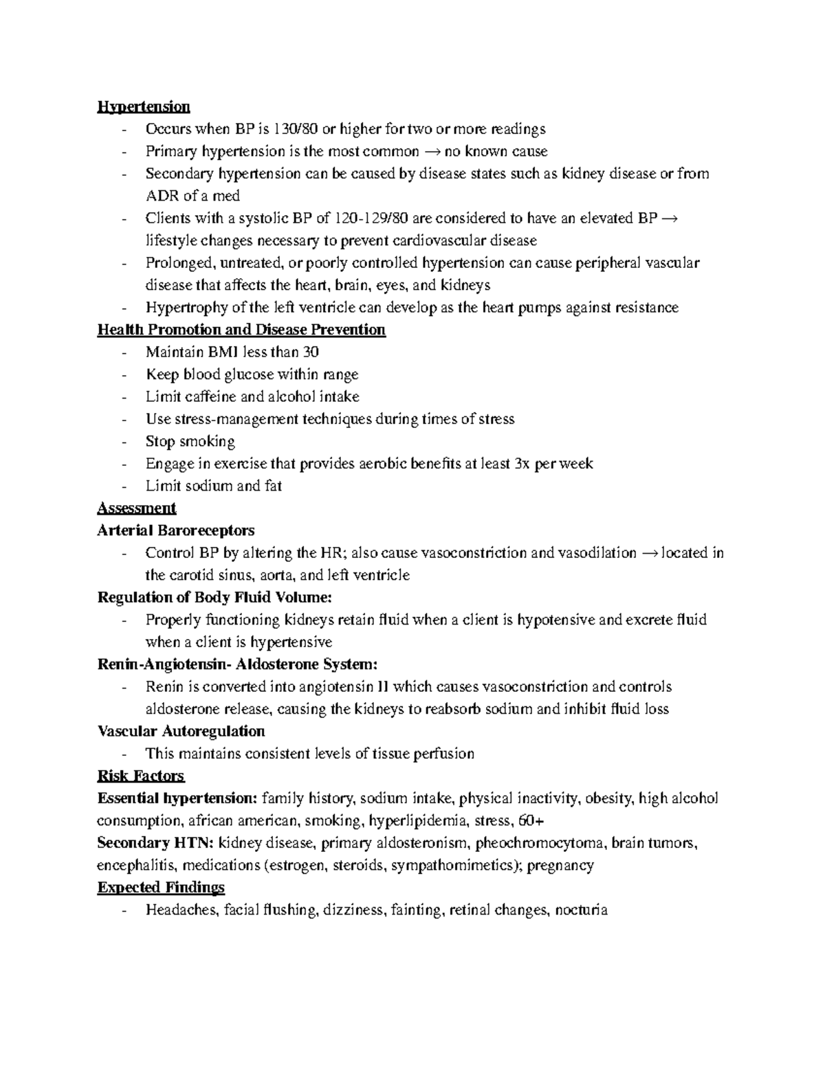 Hypertension Notes - Hypertension - Occurs when BP is 130/80 or higher ...