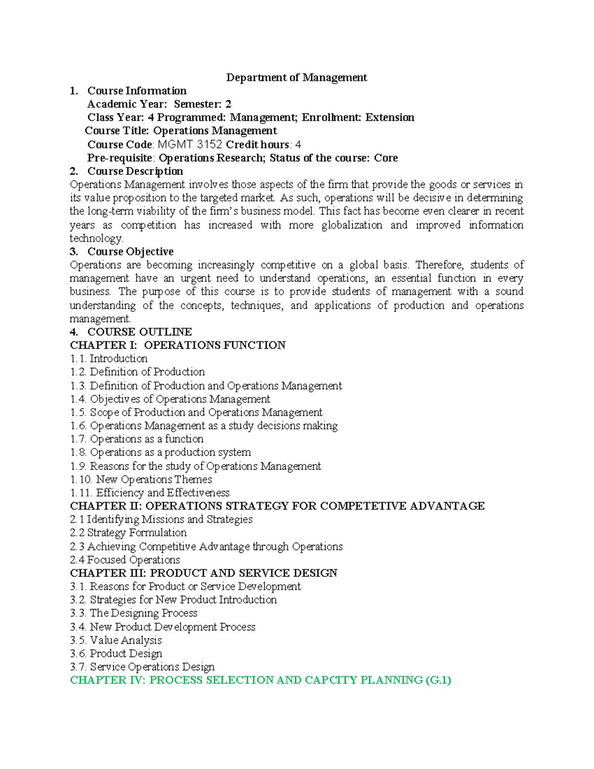 OM course out line - Department of Management Course Information ...