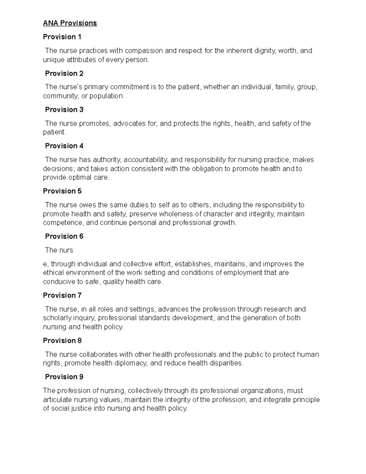 9 ANA Provisions - notes - ANA Provisions Provision 1 The nurse ...