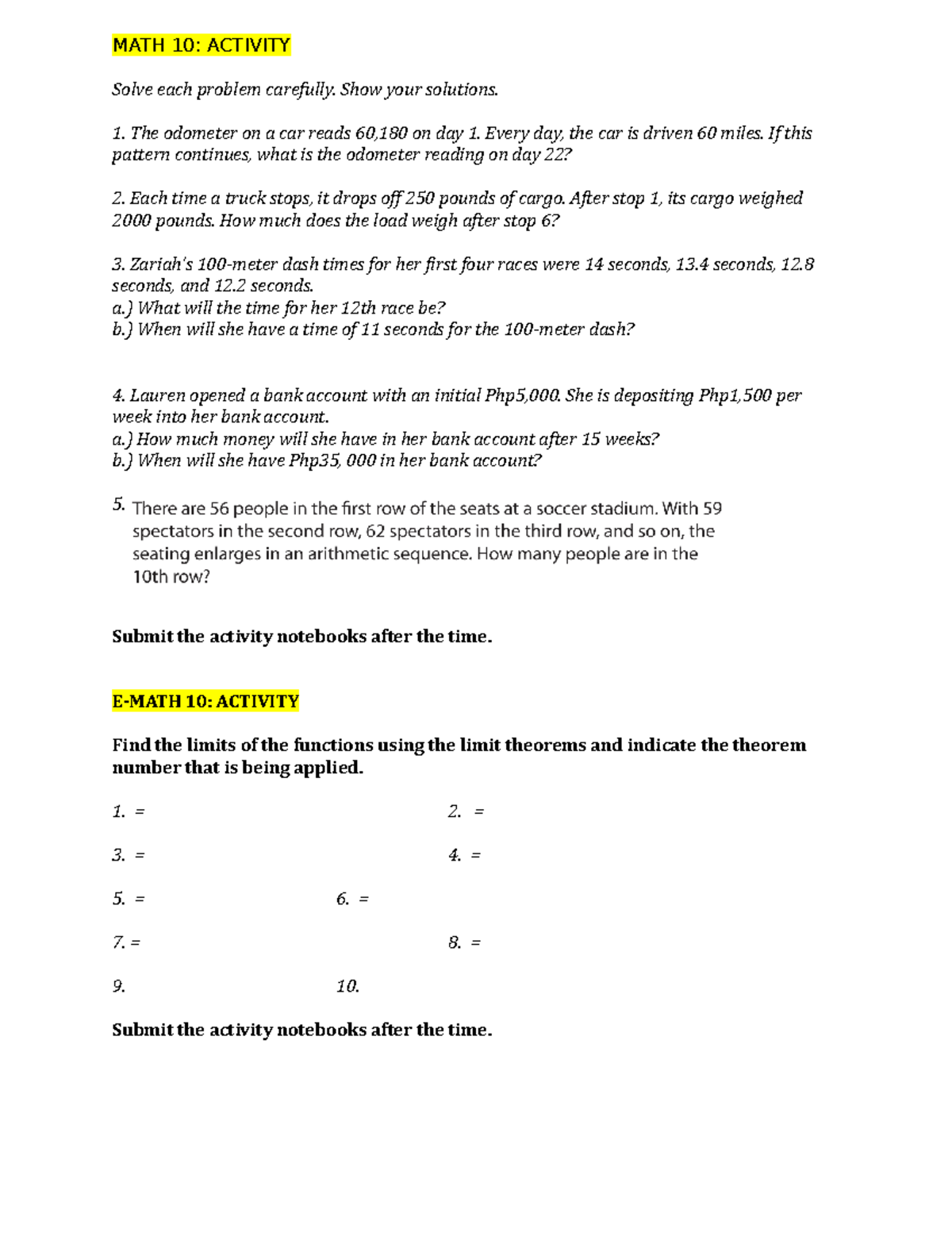 Arithmetic problsem - MATH 10: ACTIVITY Solve each problem carefully ...