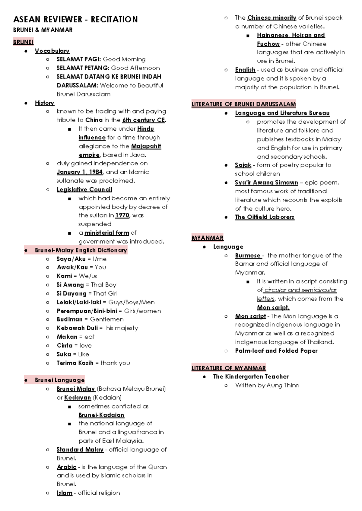 Asean- Reviewer- Recit - ASEAN REVIEWER - RECITATION BRUNEI & MYANMAR ...