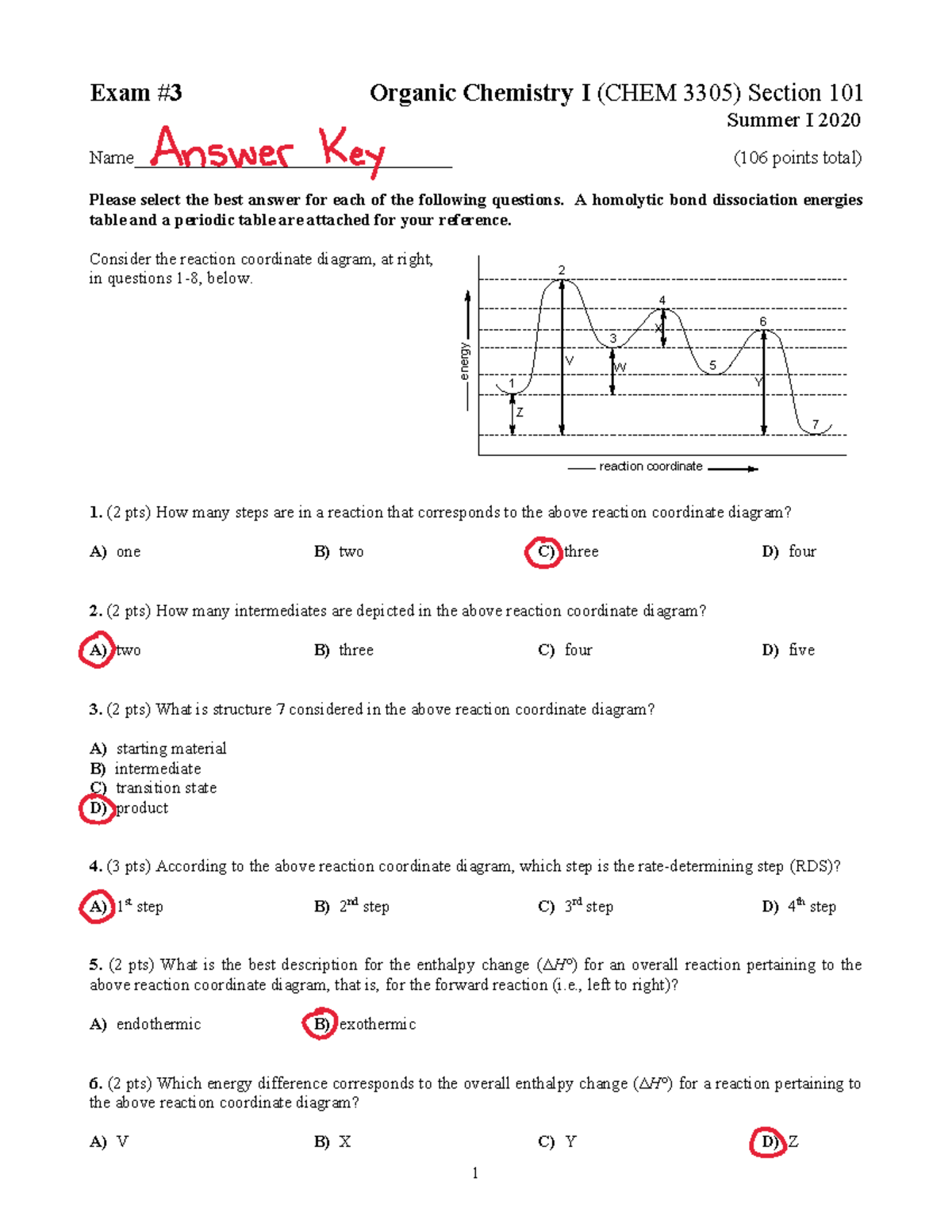 Exam 3 Summer I 2020 Answer Key - 1 Exam #3 Organic Chemistry I (CHEM ...
