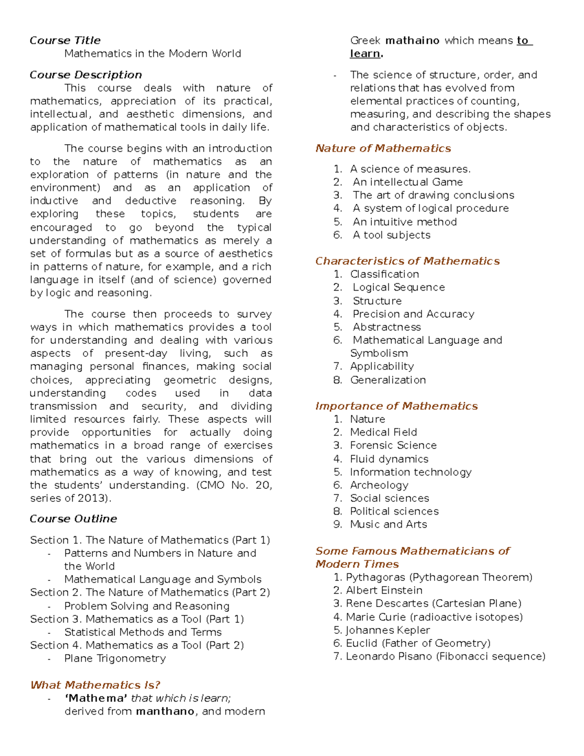 MMW Intro - Course Title Mathematics in the Modern World Course ...