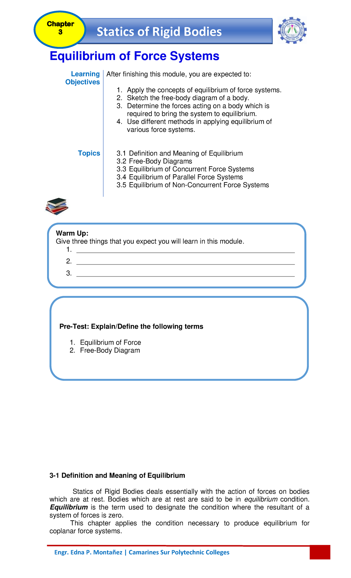 Module-9-Equilibrium-of-Concurrent-Forces - Statics of Rigid Bodies 3 ...