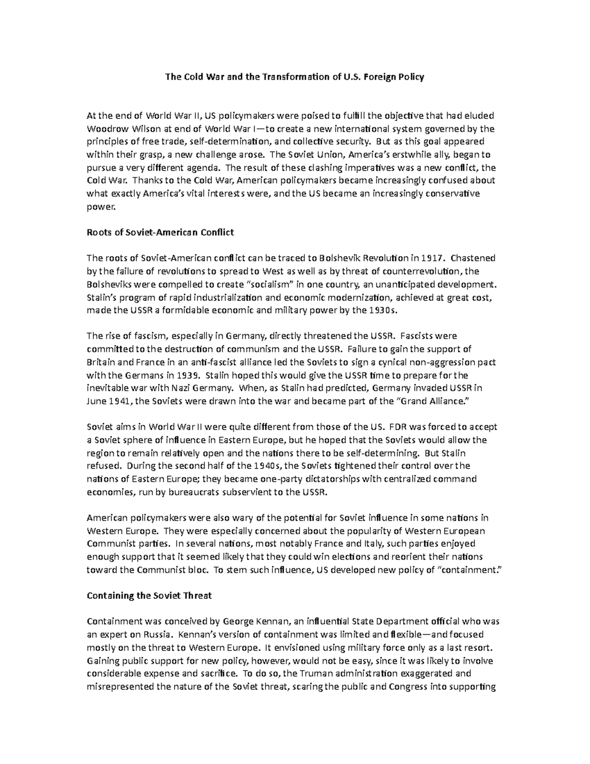 The Cold War and U.S. Foreign Policy Transformation - Studocu