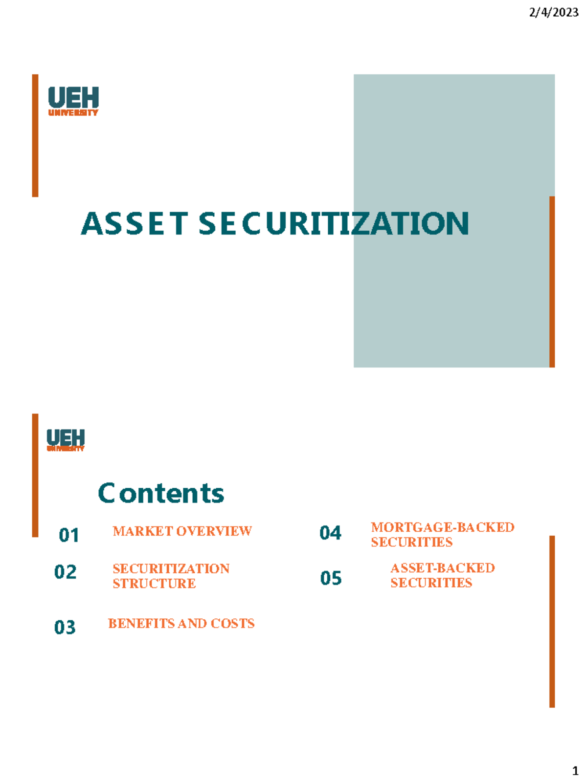 Chapter 6- Asset securitization - AS S E T SE CURITIZATION Contents 01 02 MARKET OVERVIEW - Studocu