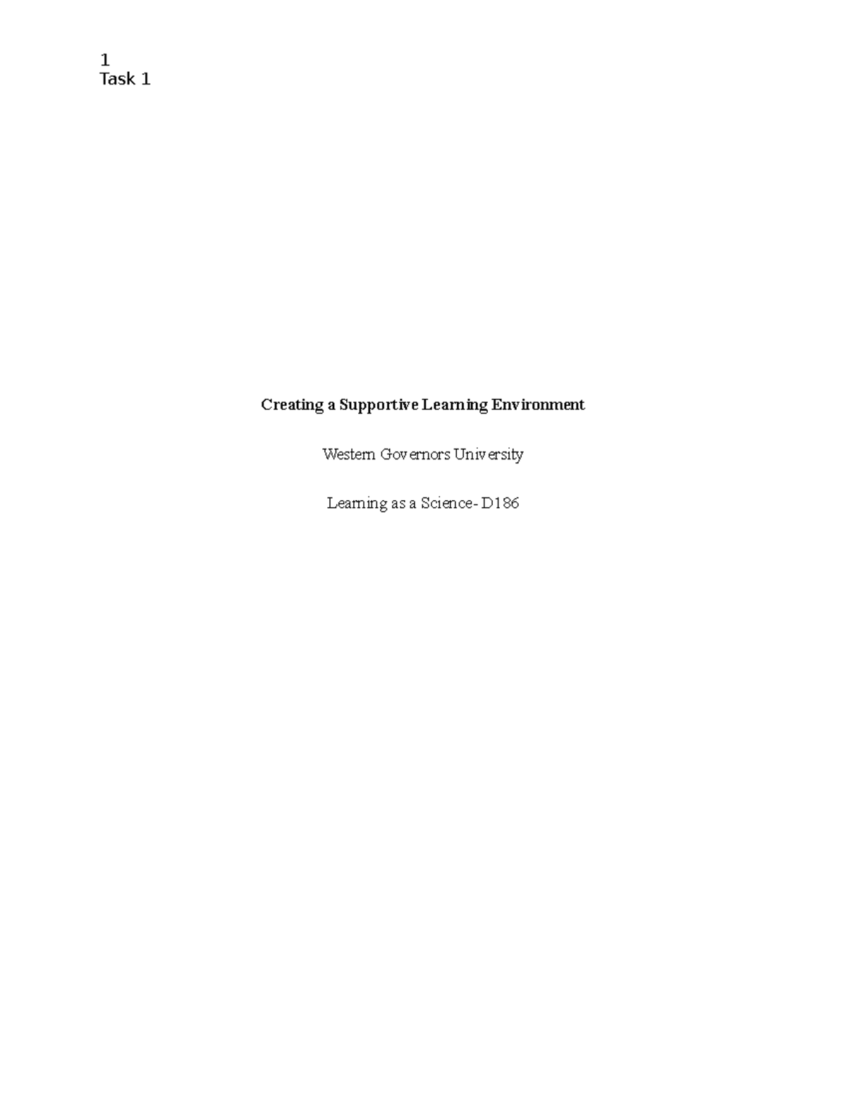 D186 Task 1 - Passed - Task 1 Creating a Supportive Learning Environment Western Governors - Studocu