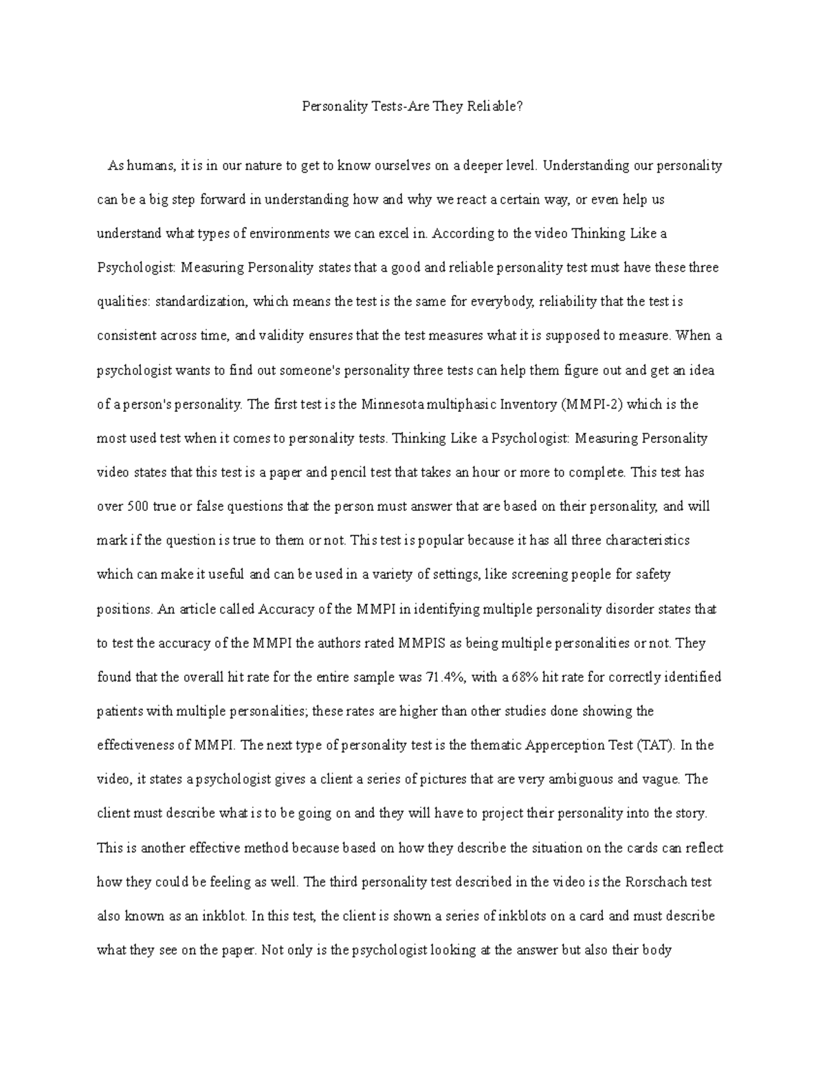 Essay 2 - notes - Personality Tests-Are They Reliable? As humans, it is ...