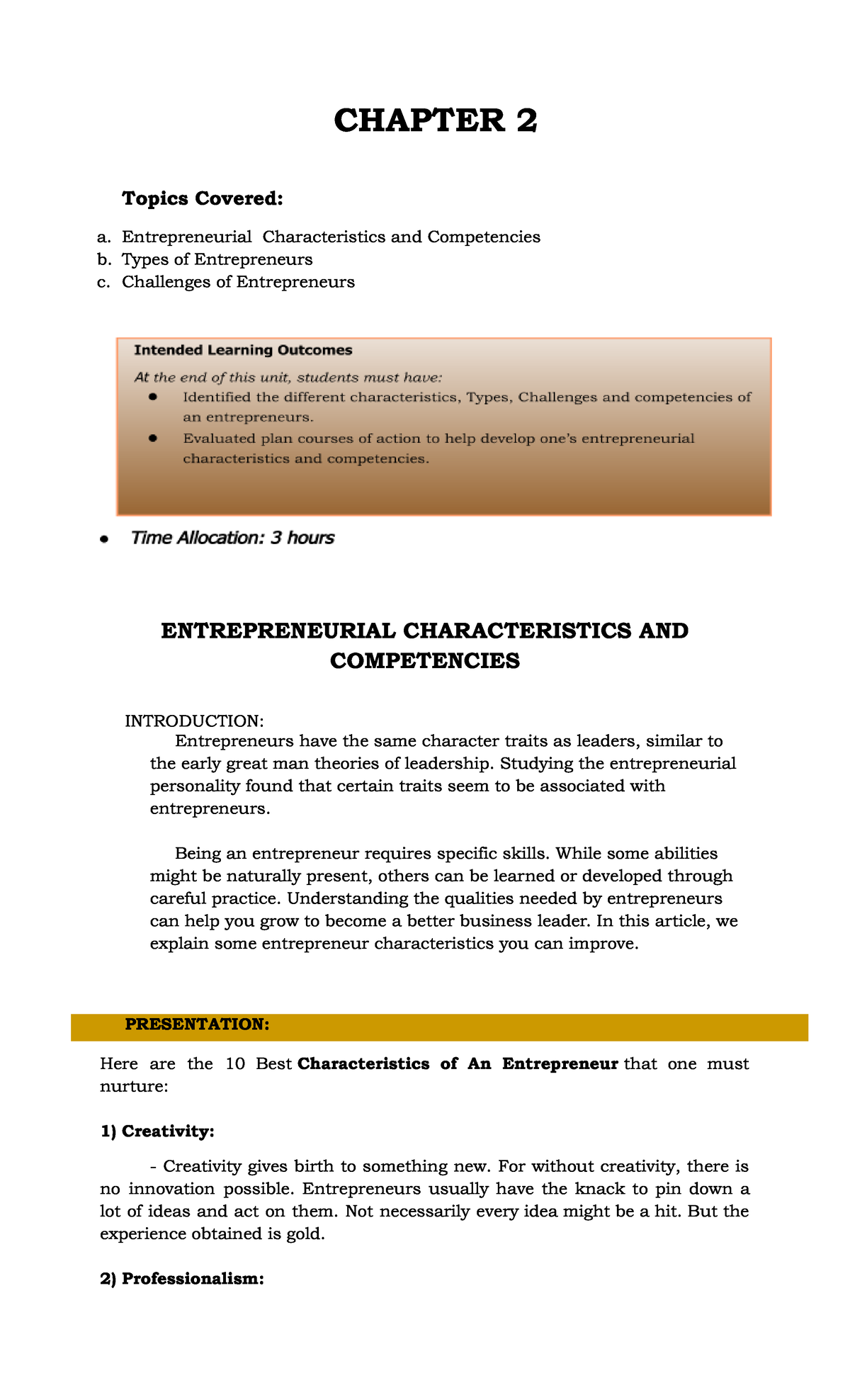 Chapter 2 - ENTREPRENEURIAL - CHAPTER 2 Topics Covered: a ...