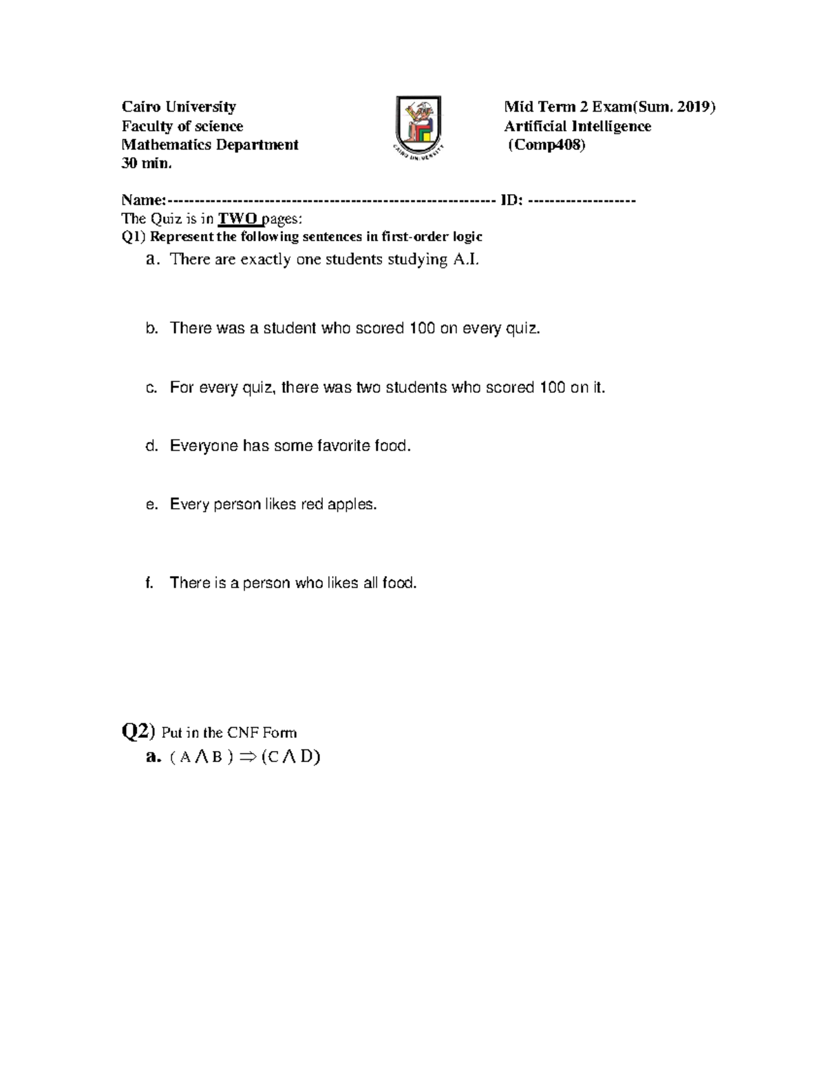 Mid Term 2 Exam(Sum. 2019 ) - Cairo University Mid Term 2 Exam(Sum ...