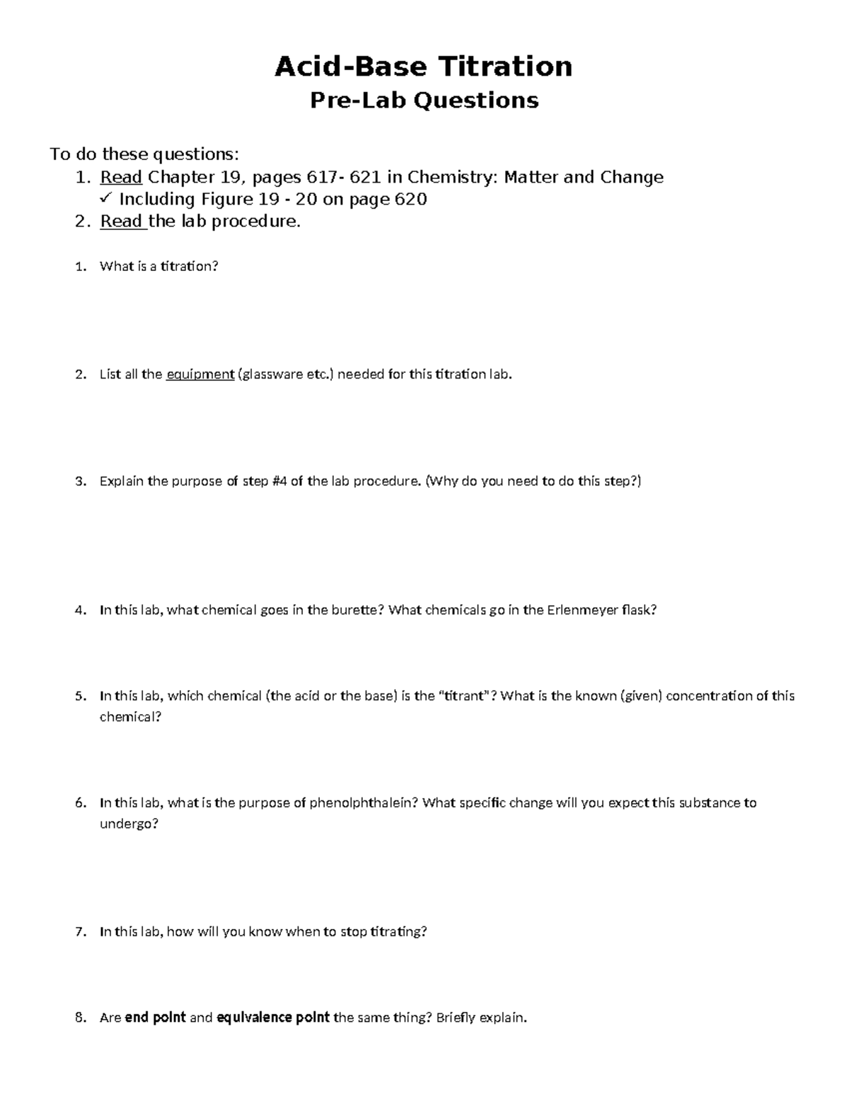 Pre-lab titration version 2 - Acid-Base Titration Pre-Lab Questions To ...