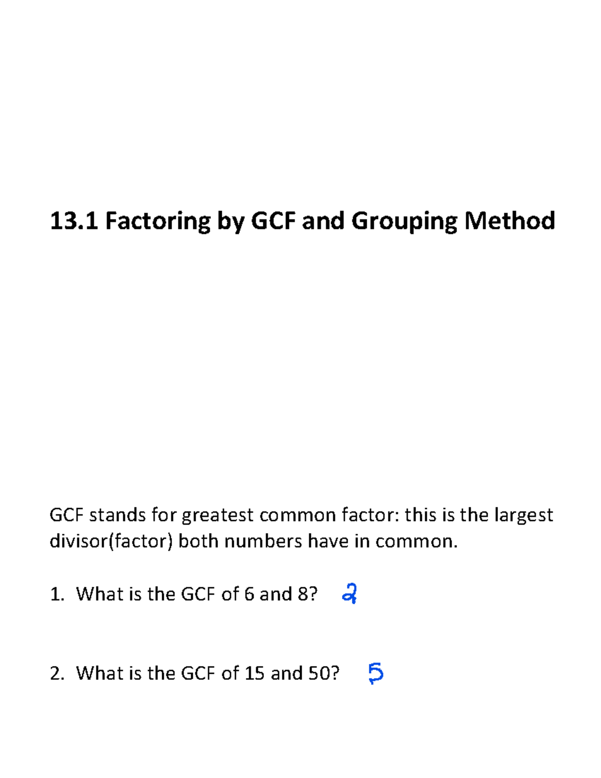 Chapter 13 Annotated Notes - 13 Factoring by GCF and Grouping Method ...