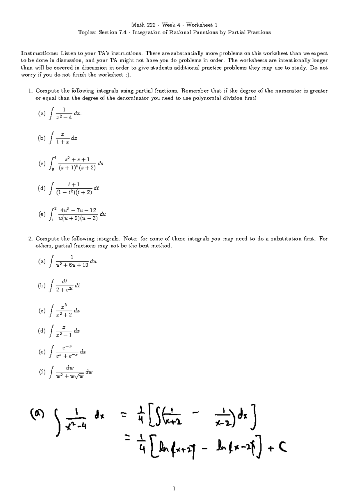222-Wk4 - Section 7.4 worksheet solved - Math 222 - Week 4 - Worksheet ...