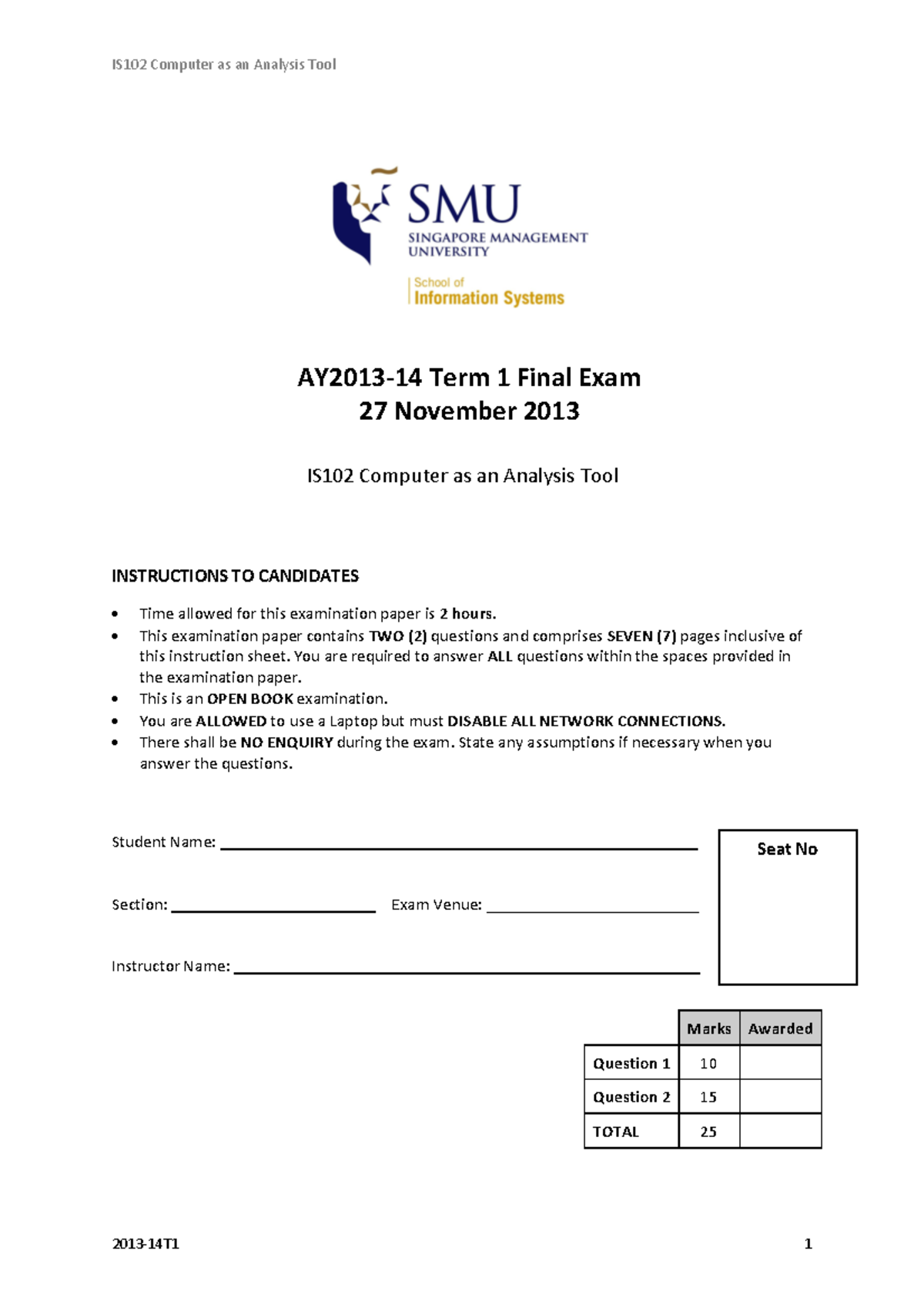 Sample Paper for final exams - AY2013-14 Term 1 Final Exam 27 November ...