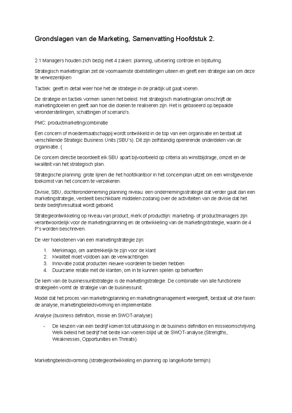 Samenvatting Grondslagen van de Marketing ...