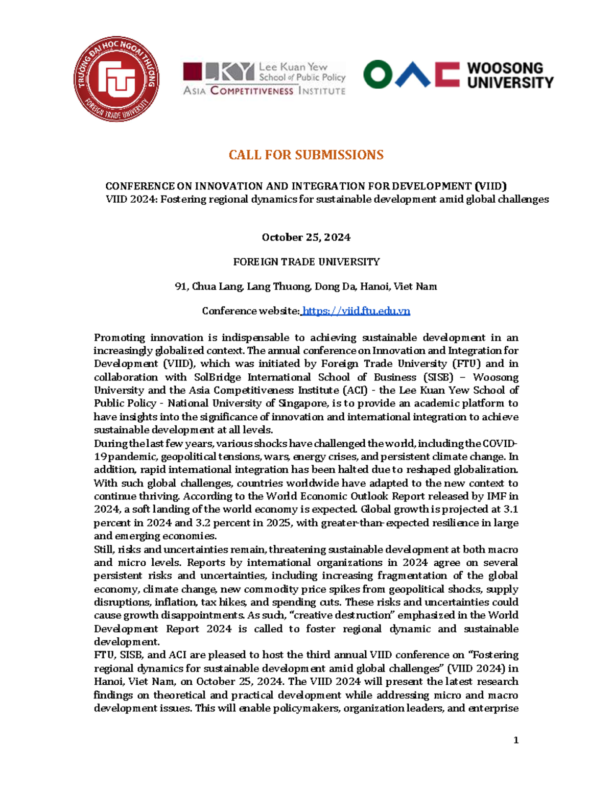 VIID 2024 Call for paper - 1 CALL FOR SUBMISSIONS CONFERENCE ON ...