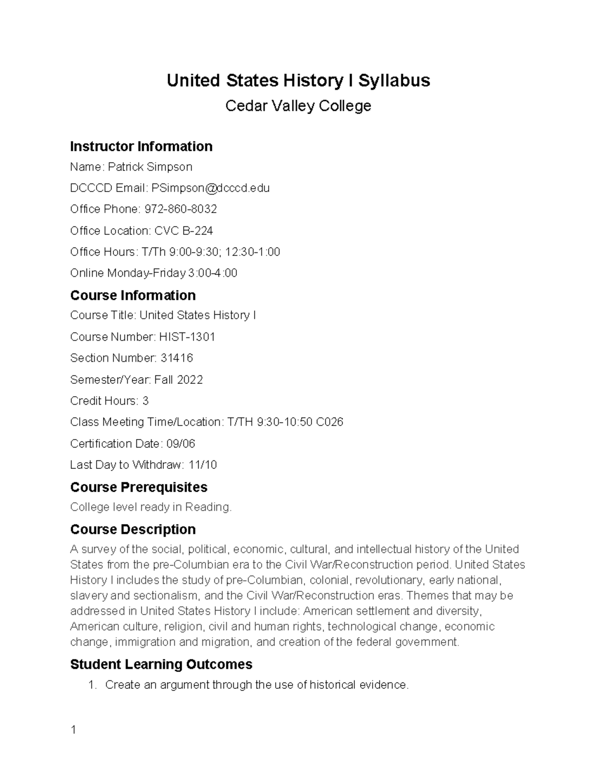 HIST-1301-81G04 - lecture note for hist - United States History I ...