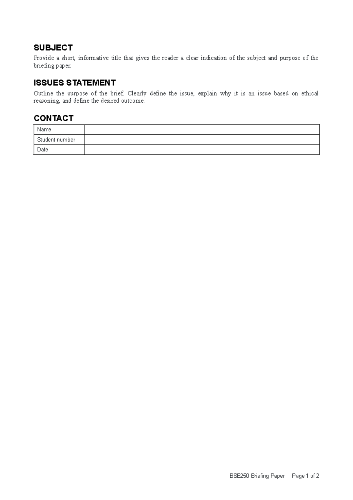 BSB250 A1 Briefing Paper Template - BSB250 - SUBJECT Provide a short ...
