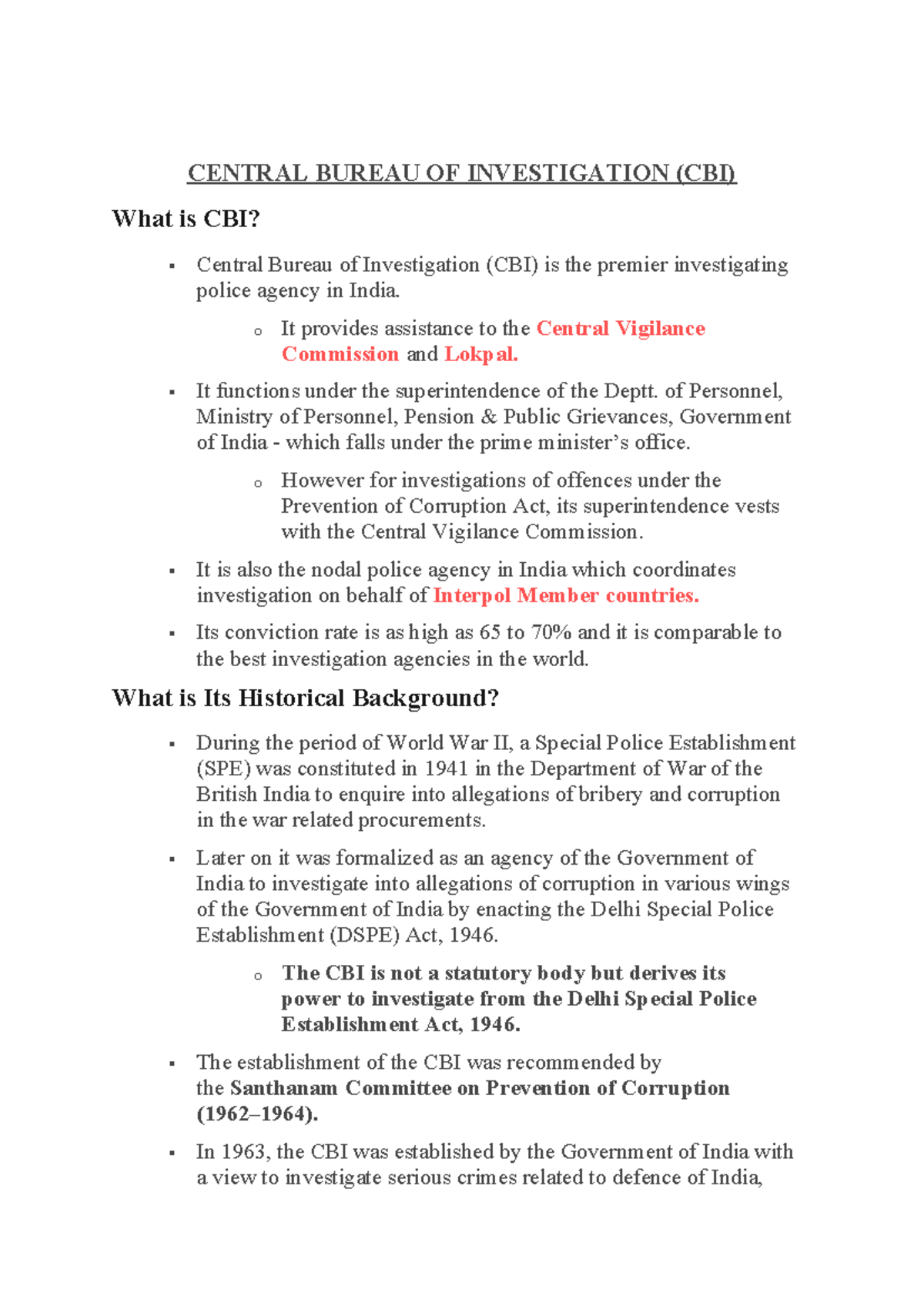 CBI - NOTES - CENTRAL BUREAU OF INVESTIGATION (CBI) What is CBI ...