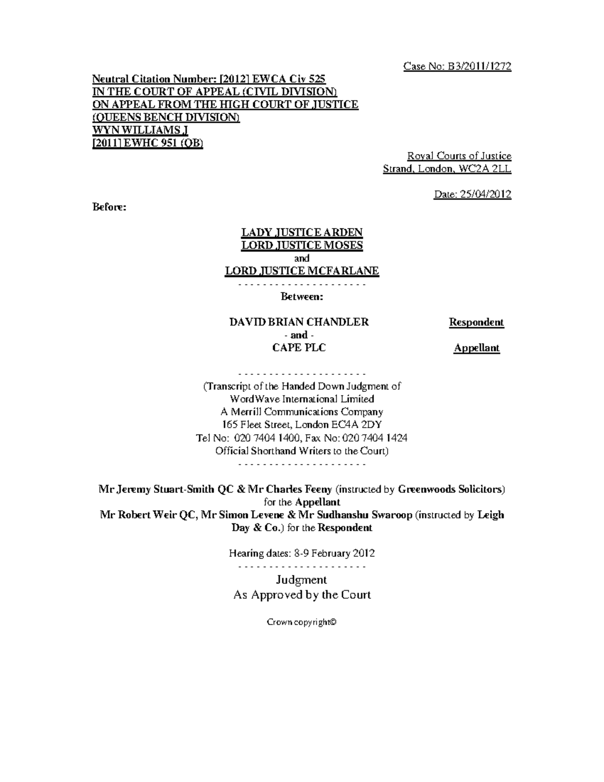 Chandler v Cape plc - Court of Appeal 2012 - Case No: B3/2011/ Neutral ...