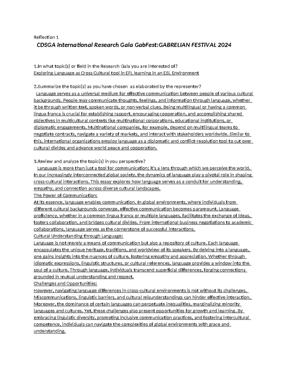 Research-GALA- Reflection - Reflection 1 CDSGA International Research Gala GabFest:GABRELIAN ...