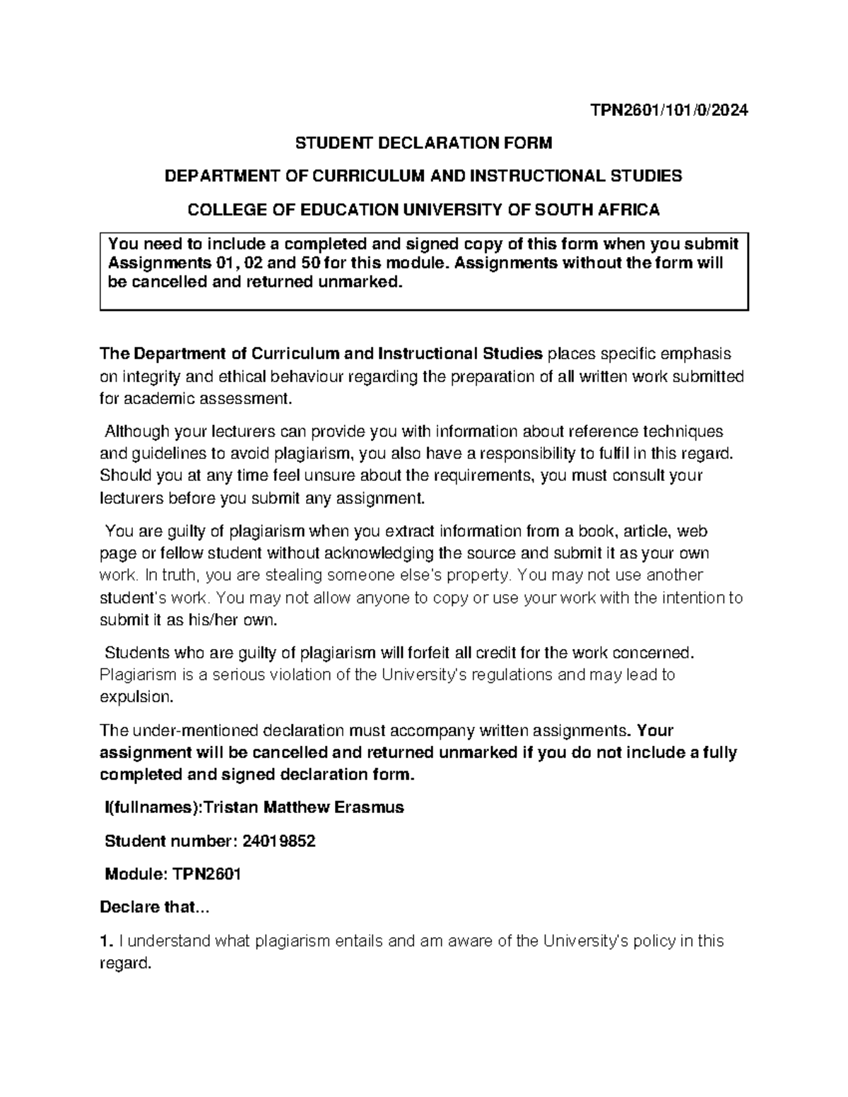 TPN ASSIGNEMENT 1 - TPN2601/101/0/ STUDENT DECLARATION FORM DEPARTMENT ...