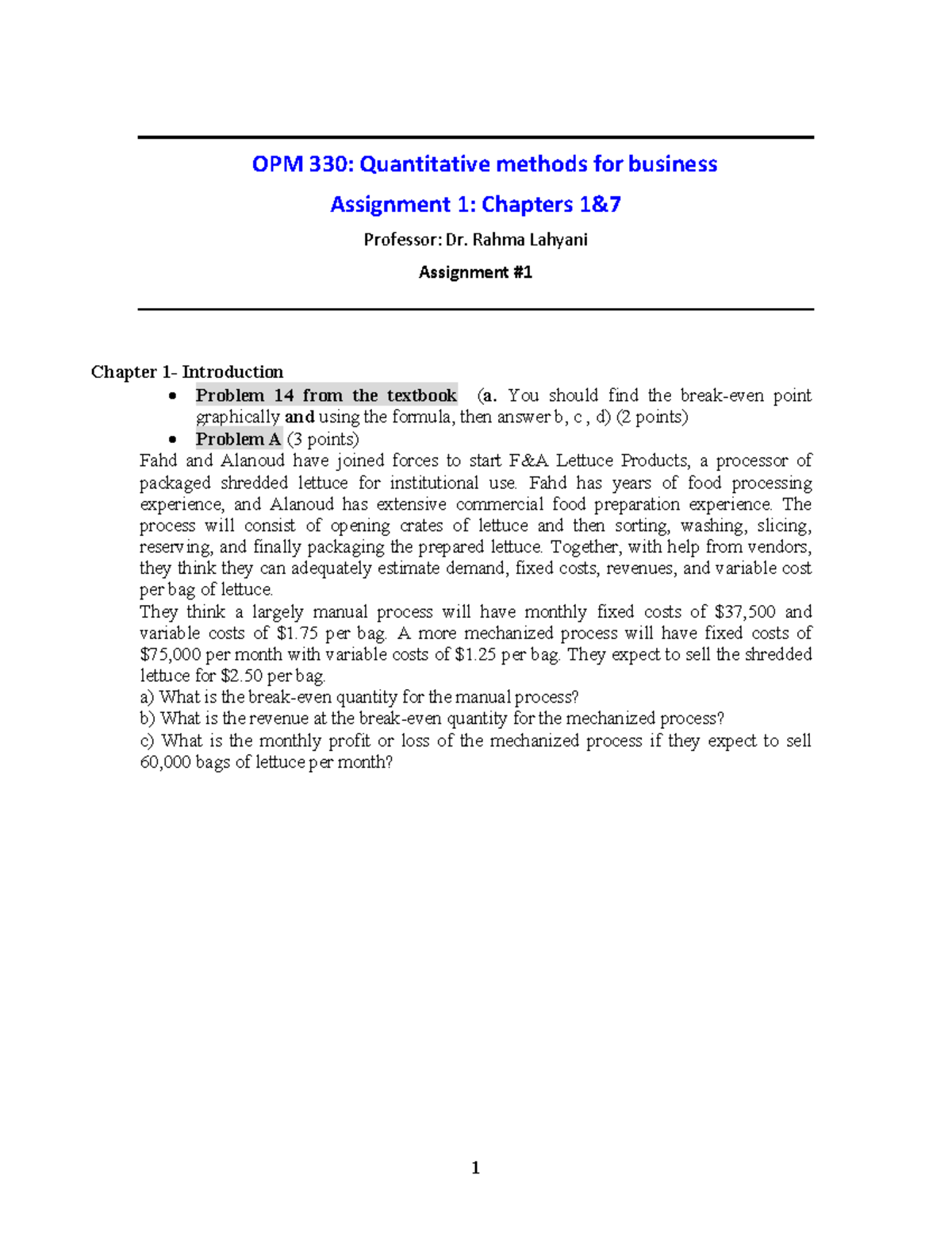 (((Homework 1 V2 chapters 17 - 1 OPM 330: Quantitative methods for business Assignment 1 ...