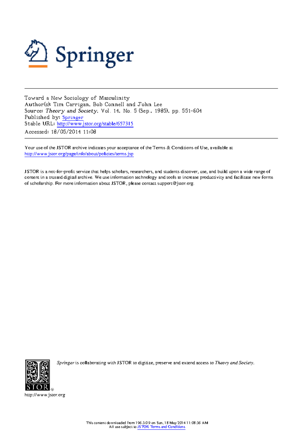 Toward a New Sociology of Masculinity Author(s) Tim Carrigan, Bob ...
