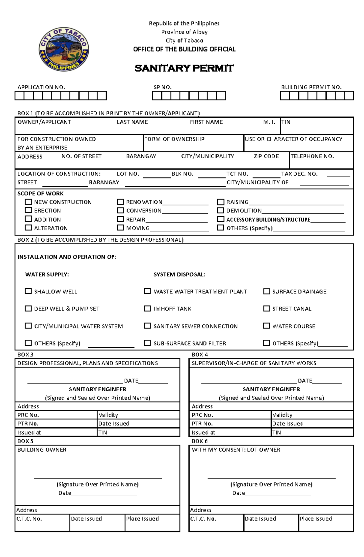 Sanitary permit - APPLICATION NO. SP NO. BUILDING PERMIT NO. BOX 1 (TO ...
