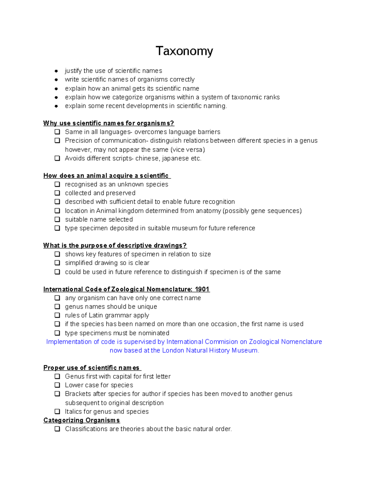 Taxonomy - Topic and Lecture note summary - Taxonomy justify the use of ...