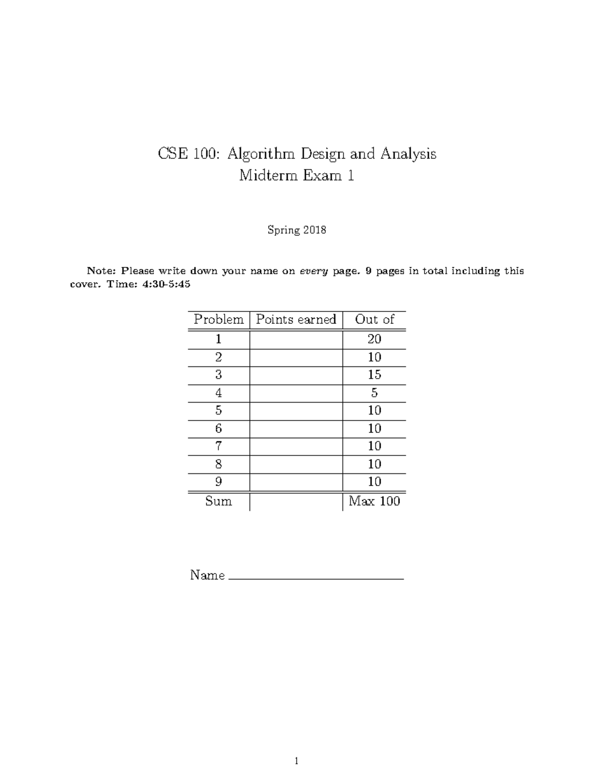 Mid1 spring 2018 sols - Mid term 1 solutions Professor Sungjin Im - CSE 100: Algorithm Design ...
