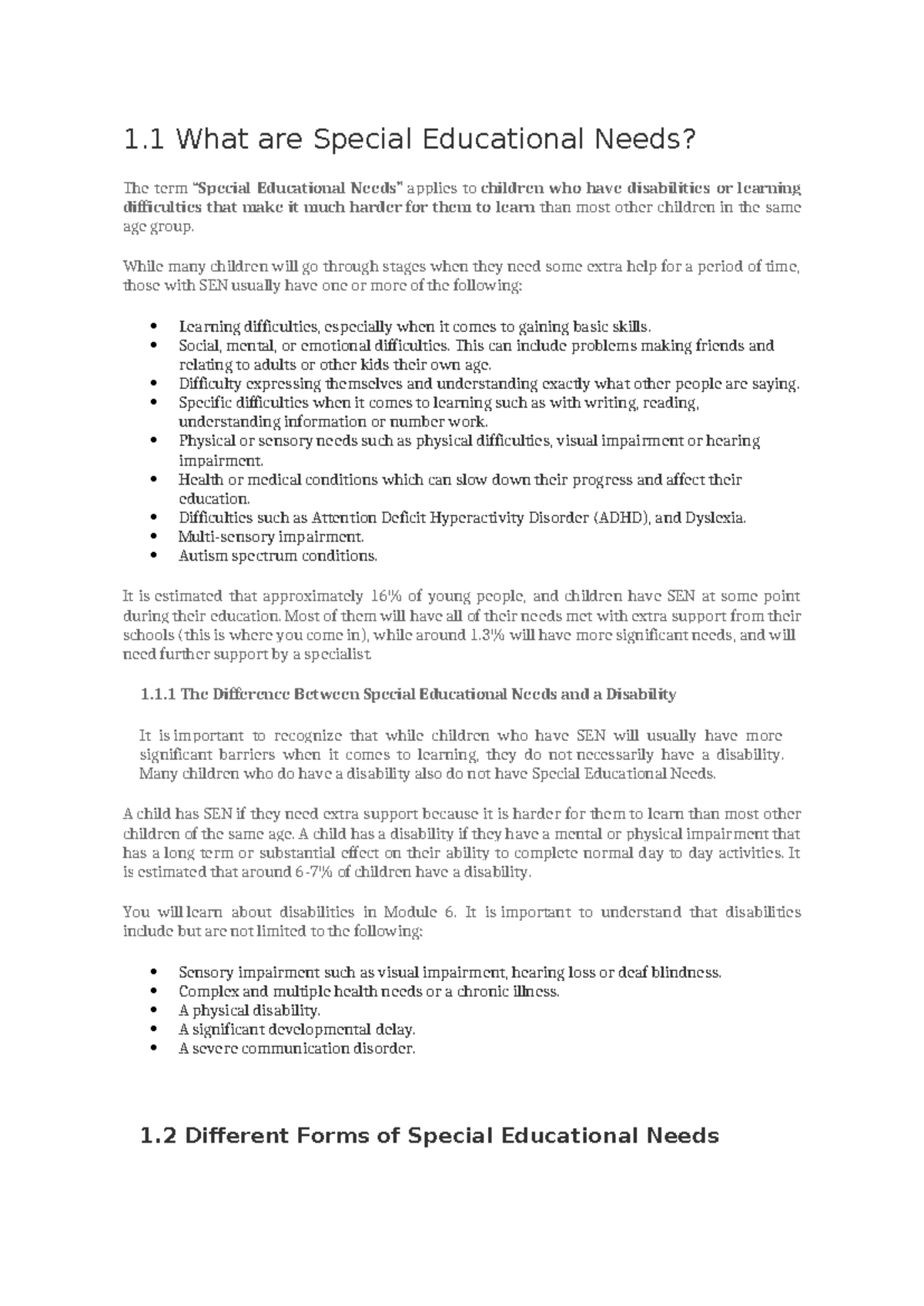 Module 1 Special Education - 1 What are Special Educational Needs? The ...